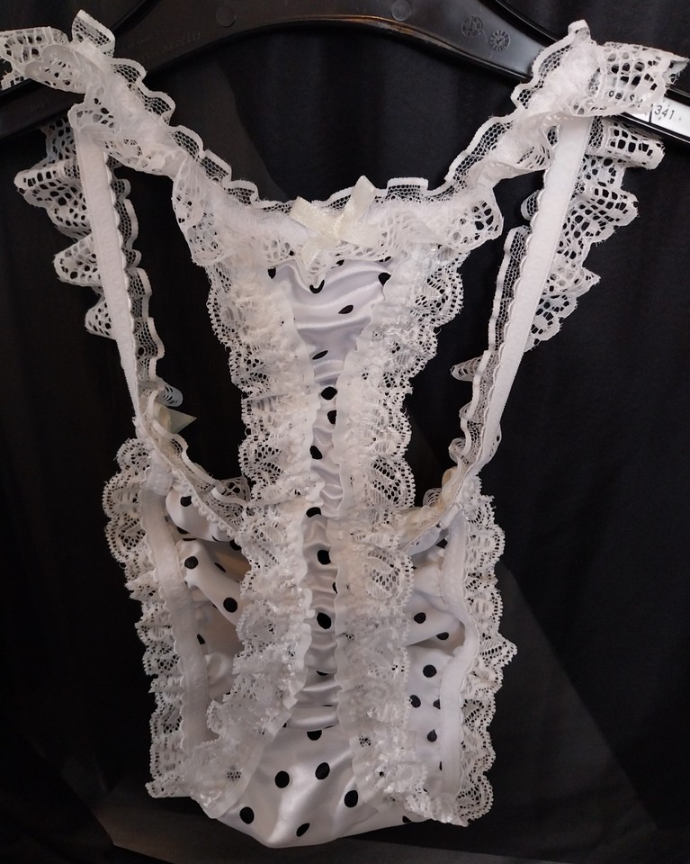 White/Black spot SATIN Lace Sissy T Back THONG cd tv Drag Frilly | eBay UK