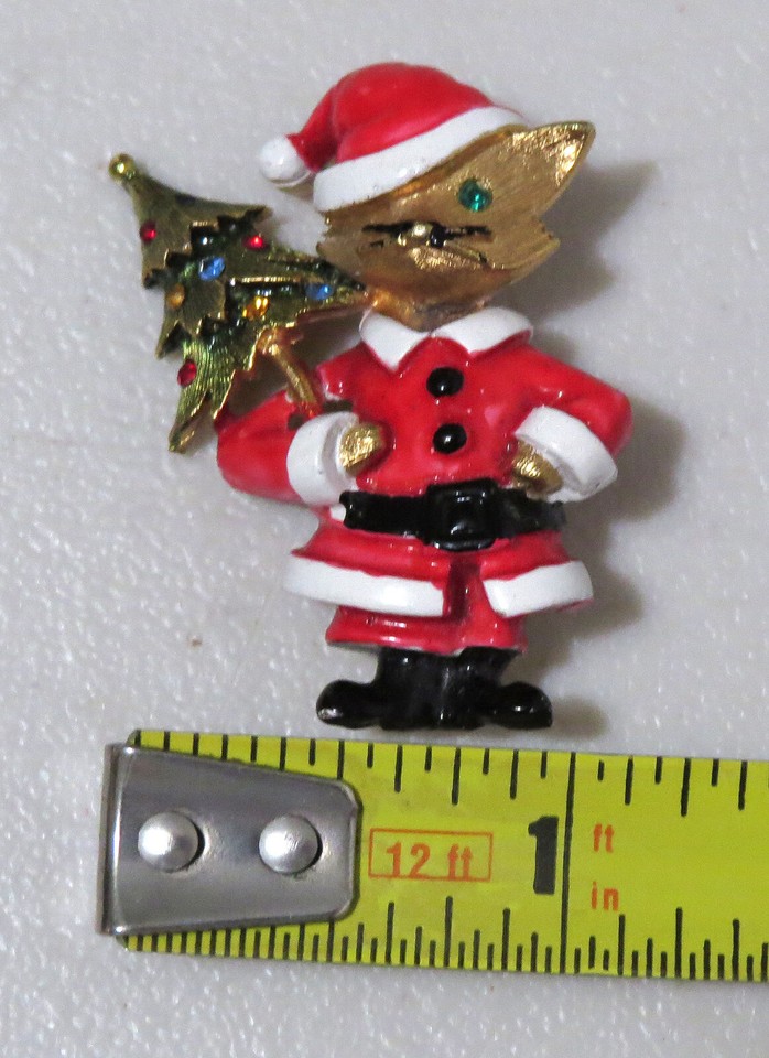 Vintage JJ Enamel Santa Cat Carrying Christmas Tree Brooch Pin Signed ...