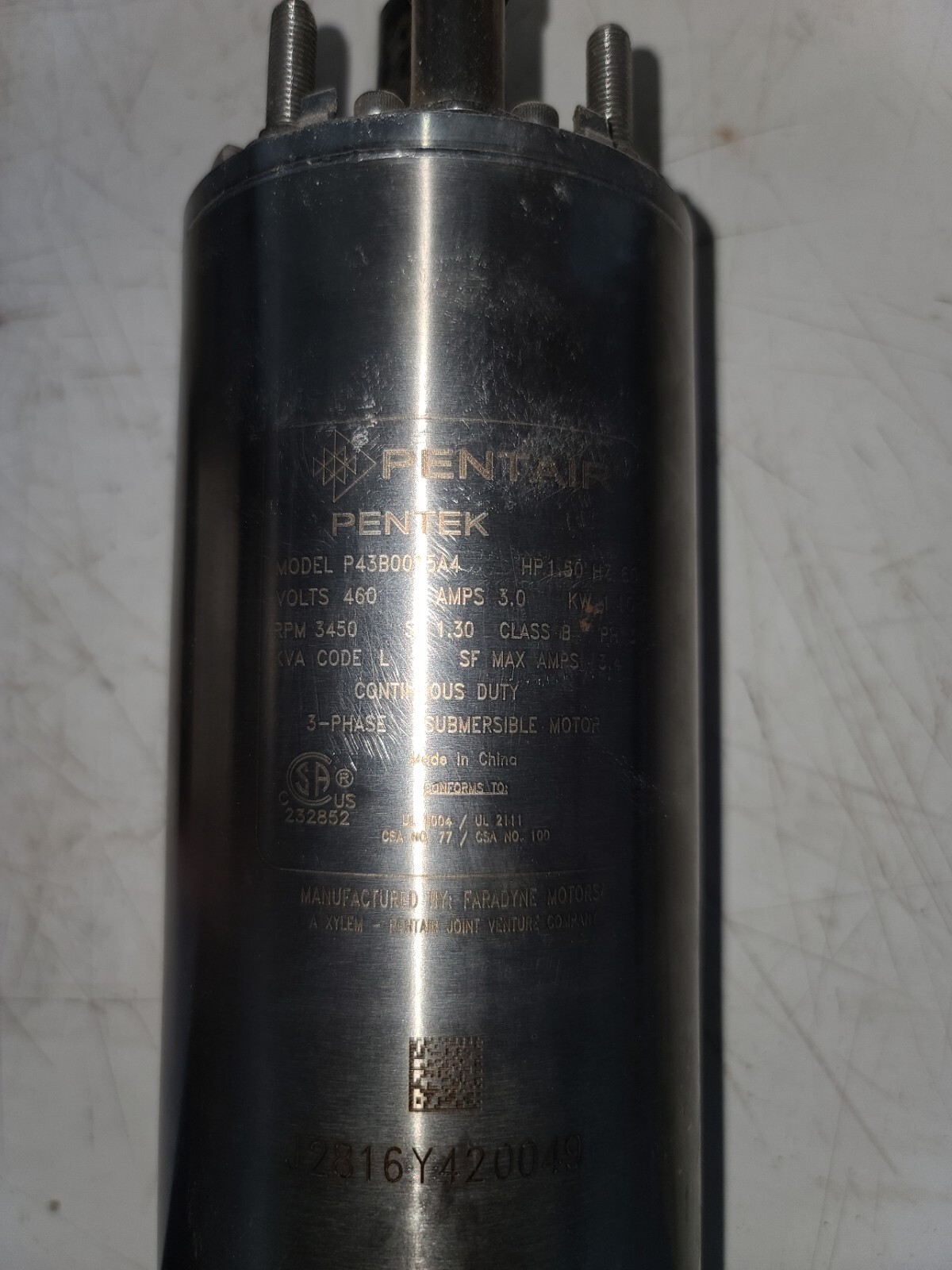 Pentek P43B0015A4 Submersible Pump 3-Phase Motor 1.50 HP 460 Volts 2.8 ...
