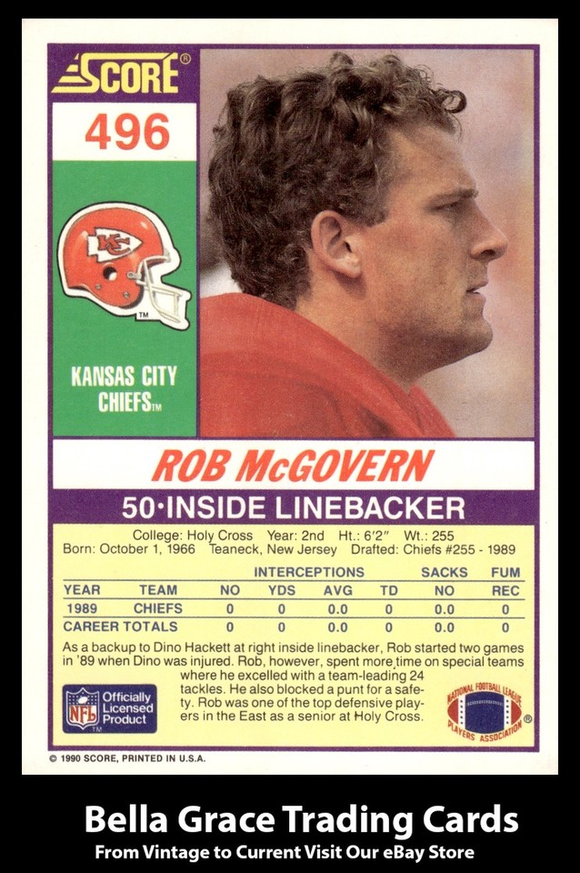 1990 Score Rob McGovern #496 Kansas City Chiefs Rookie NFL Football | eBay