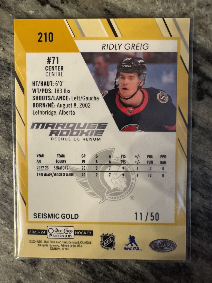 2023-24 OPC PLATINUM - RIDLEY GREIG #210 SEISMIC GOLD ROOKIE RC /50 | eBay
