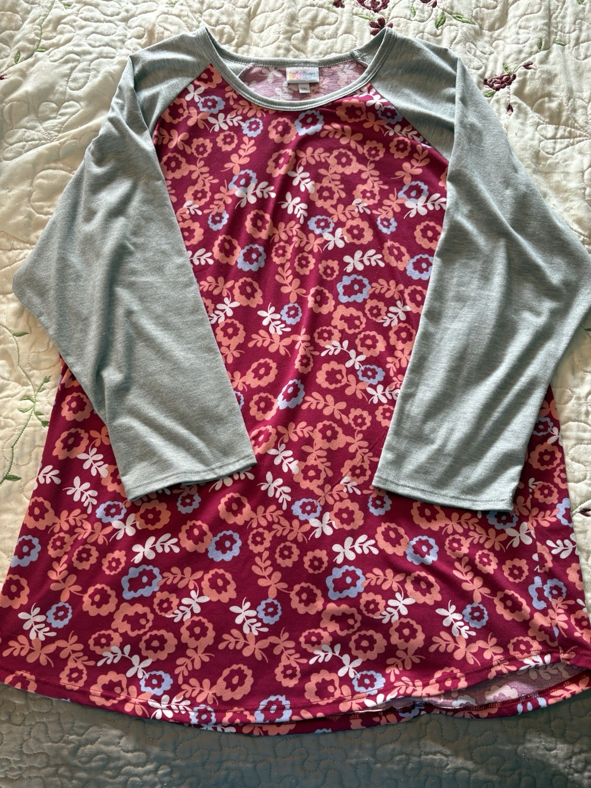 Lularoe Randy Shirt Sz3X Multicolor Floral With 3/4 Gray Raglan Sleeves ...