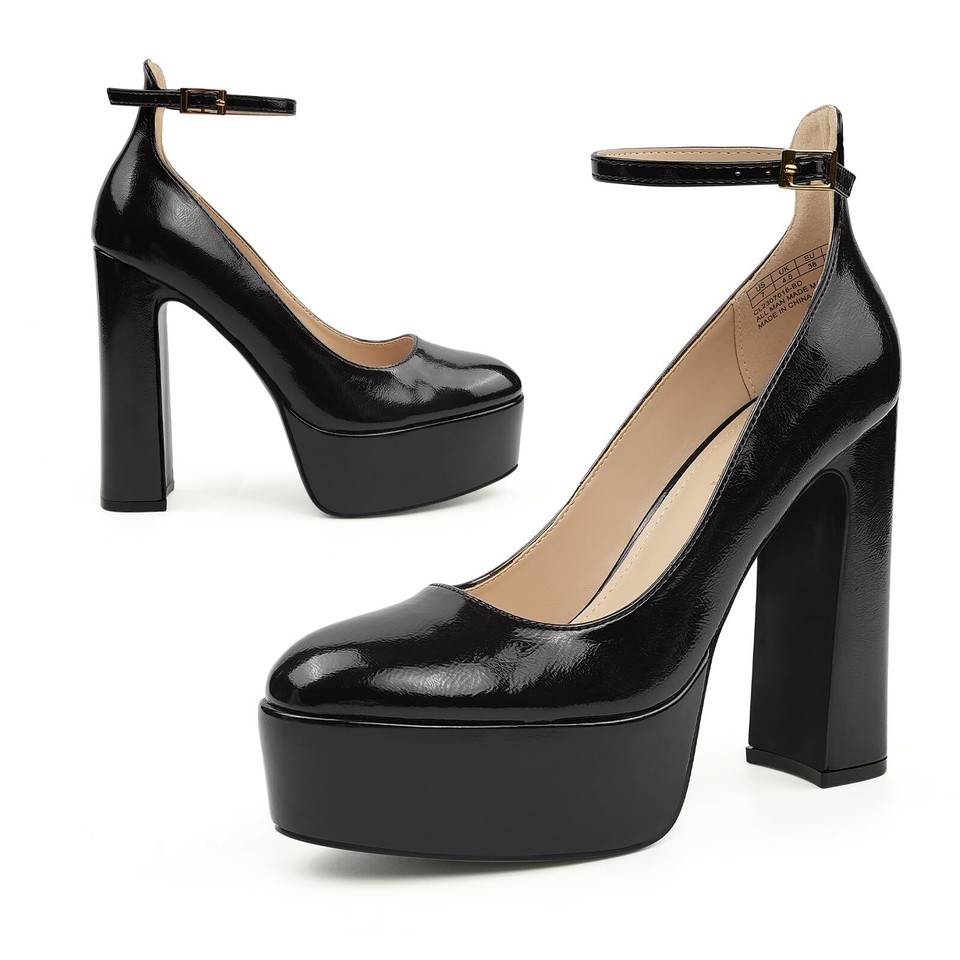 Women Platform Pumps Round Toe Thick High Heeled PU Leather Height ...