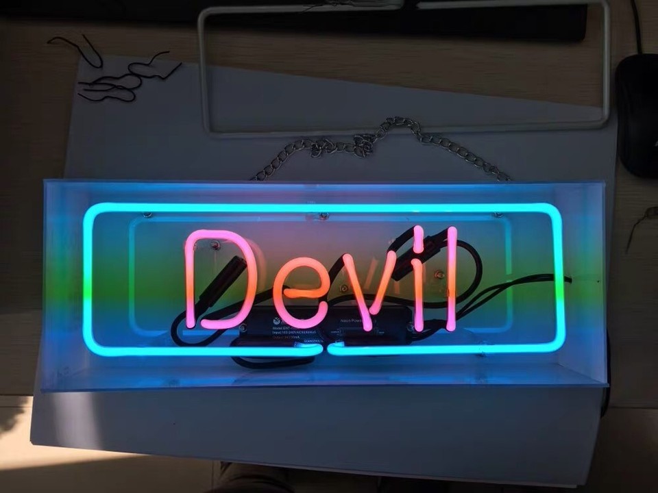 Devil Neon Sign 14"x5" Acrylic Box Light Lamp Space Handing Standable ...