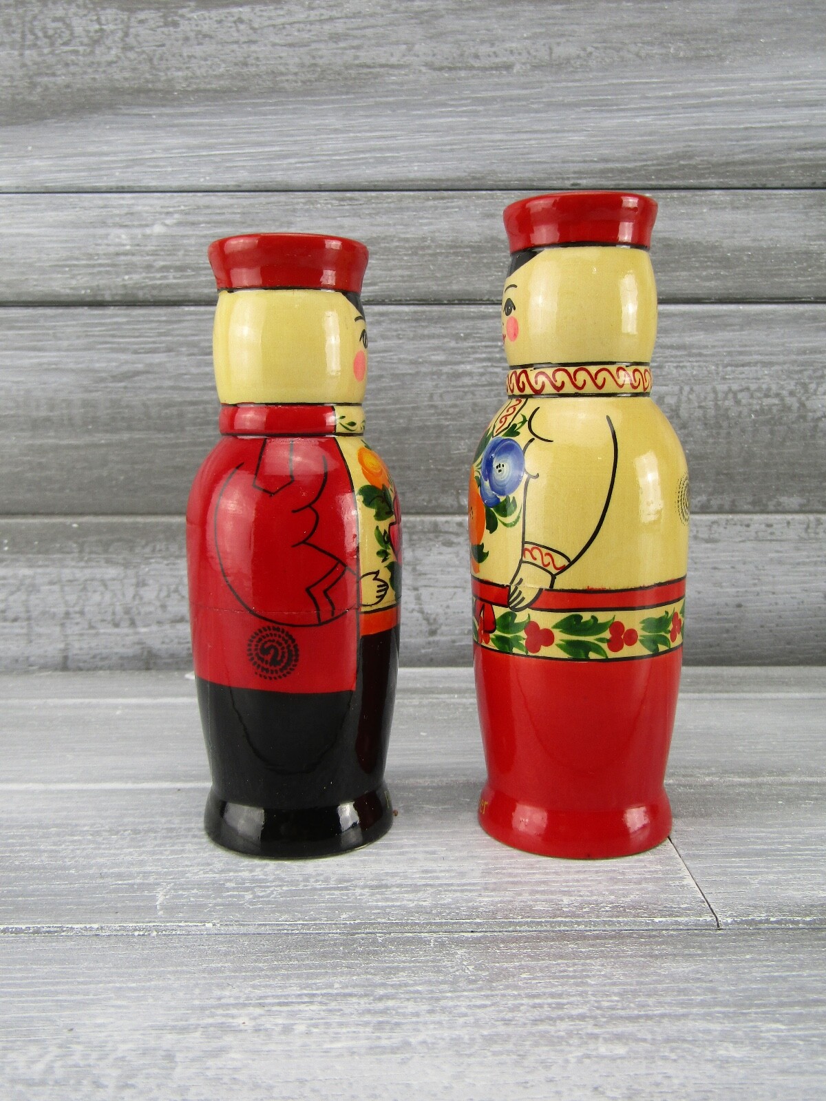 Matrioshka Russian Wooden Nesting Vodka Black & Red Pepper Shakers Hand ...