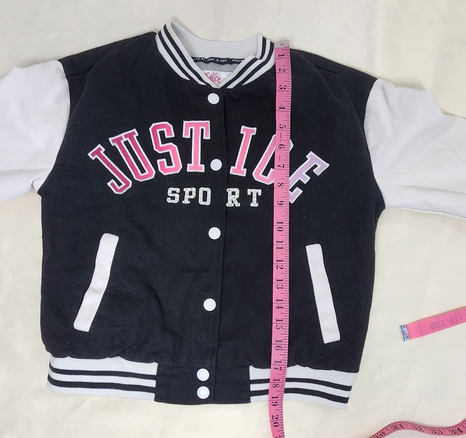 Justice Girls Varsity Jacket Size 10 M Black White Pink Button Up Sport ...