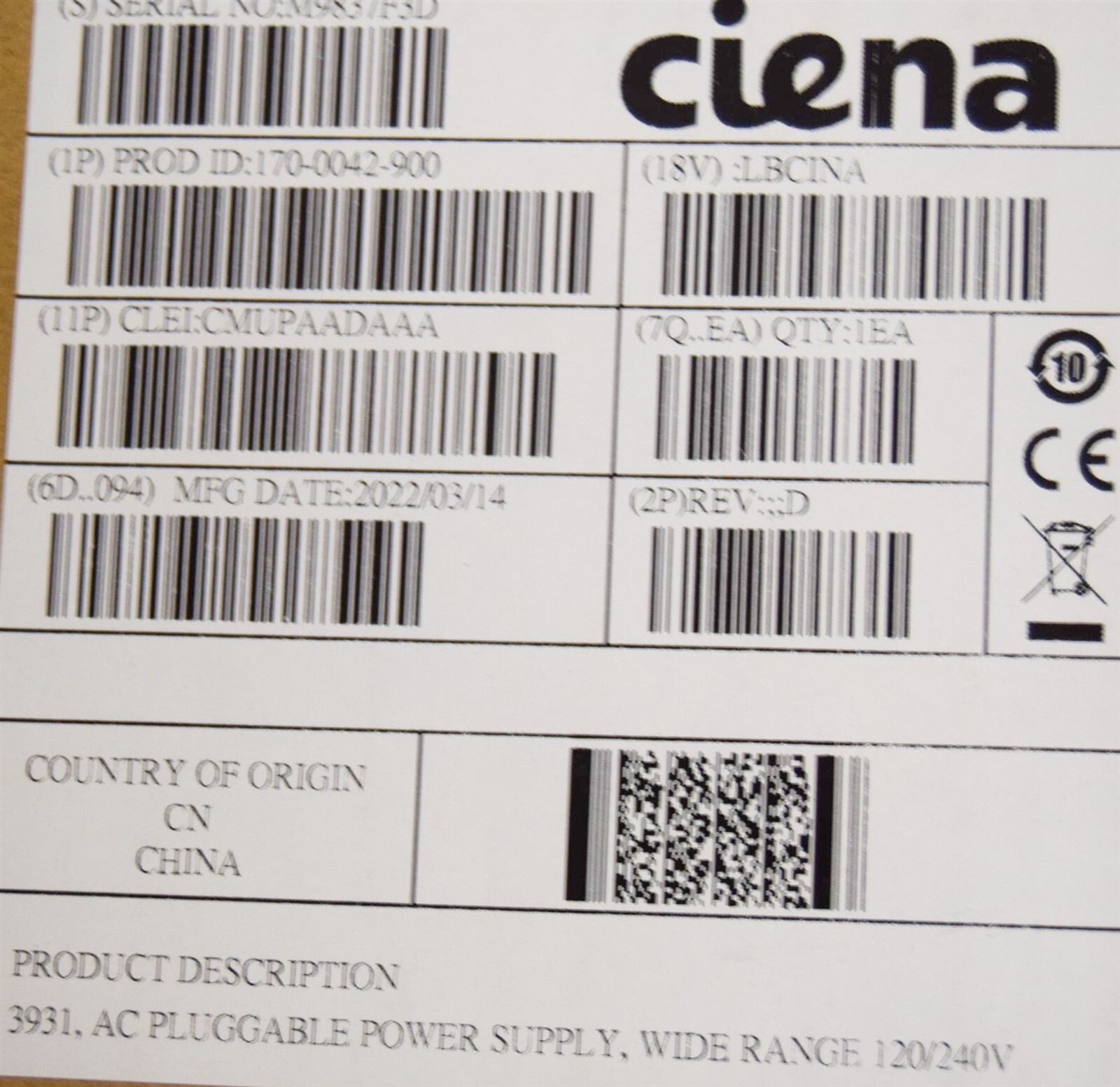 Ciena 170-0042-900 Cmupaadaaa 100 240vac to 12vdc Power Supply for ...