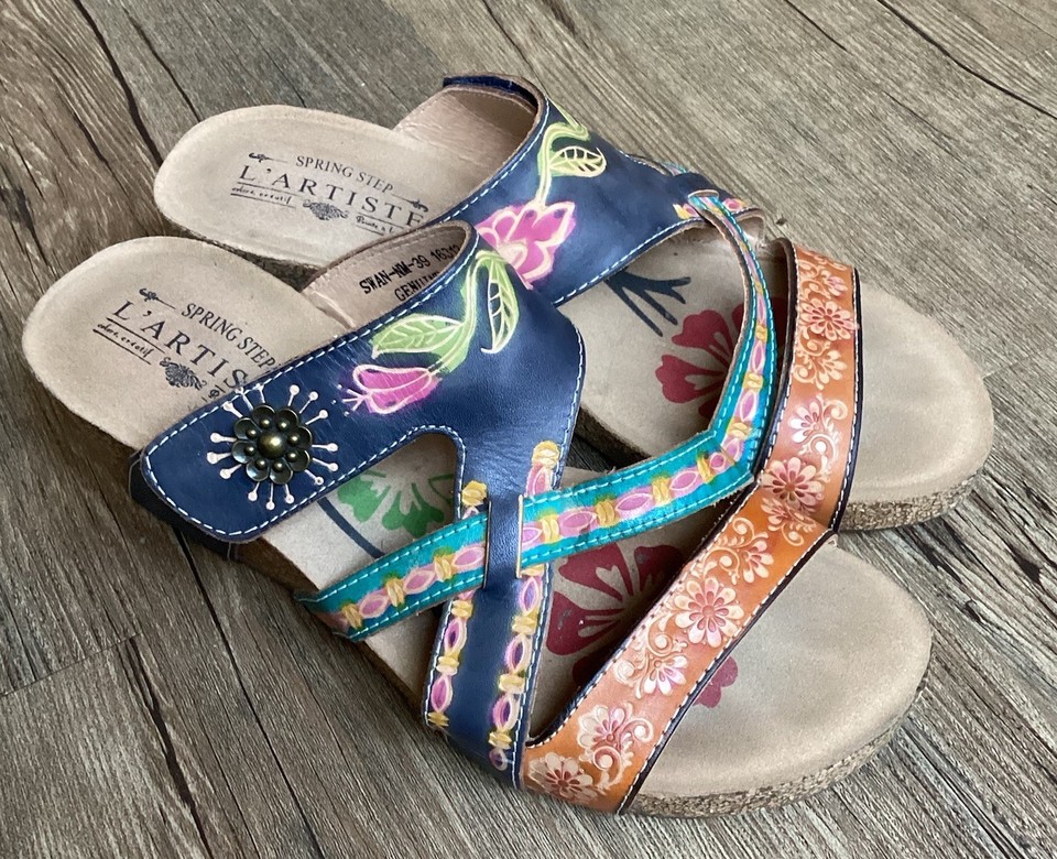 Spring Step L'Artiste Sandals Cork Wedge Floral Leather Straps Sz 39/ 8 ...