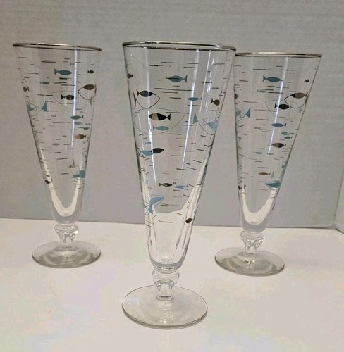 Libbey Aqua & Silver Atomic Fish Pilsner Beer Glasses Footed Set of 3 ...