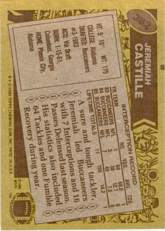 1986 TOPPS! JEREMIAH CASTILLE. TAMPA BAY BUCCANEERS #382 | eBay