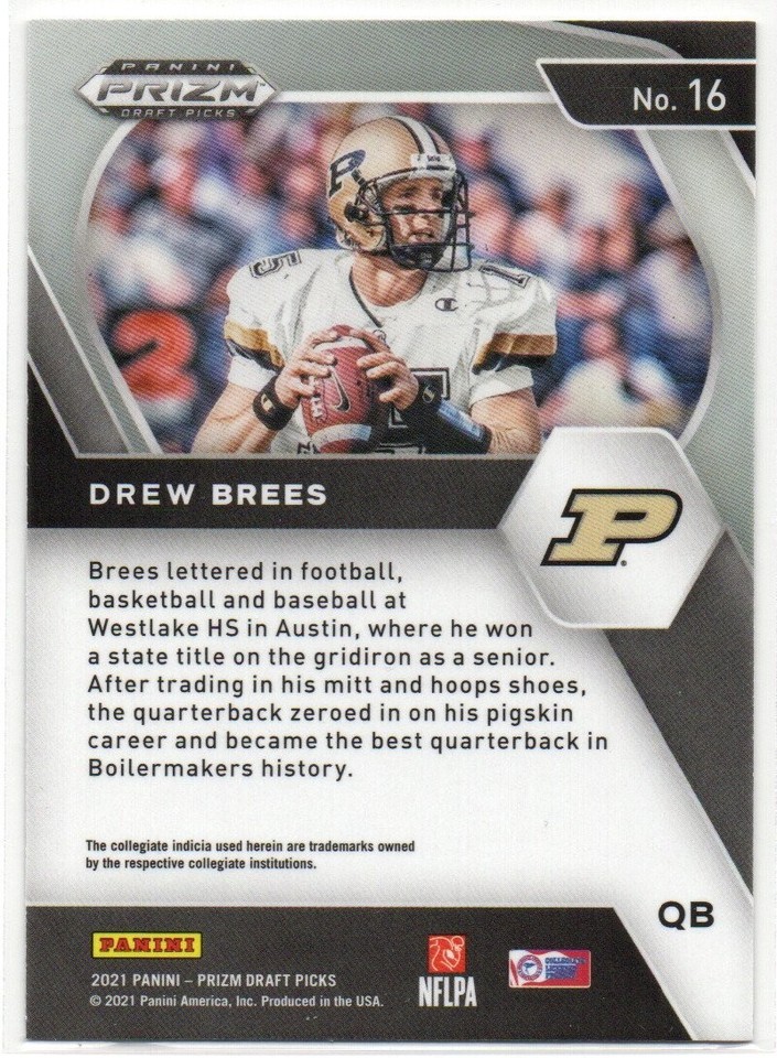 Drew Brees 2021 Panini Prizm Draft Picks #16 Purdue Boilermakers Saints ...