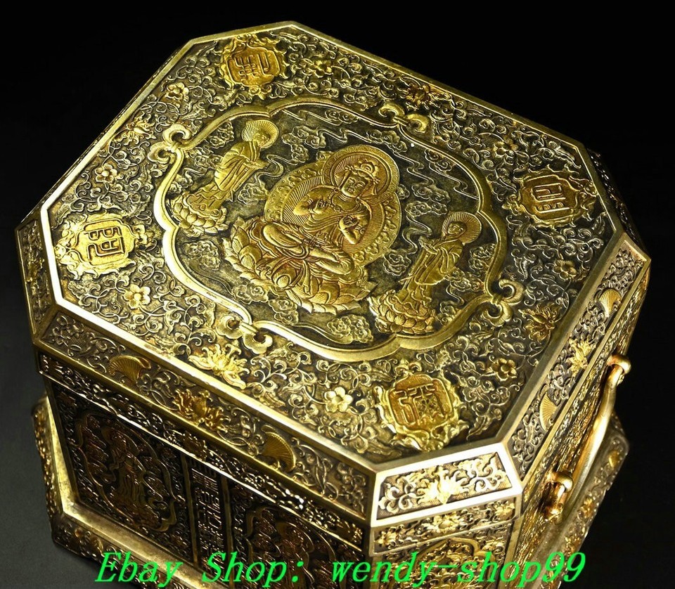 12" Old Copper 24 K Gold Phoenix Guanyin Buddha Buddhist scripture Book ...