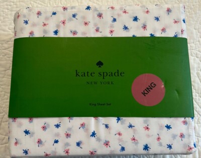 NWT Kate Spade King Sheet Set 4pc Blue & Pink Flowers 100% White Cotton ...