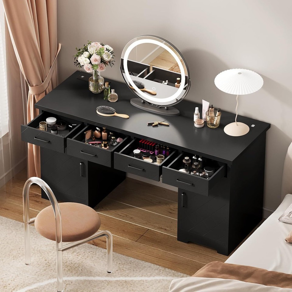 Executive Desk 55" Wood Office Computer Desk with Power Outlets & File ...