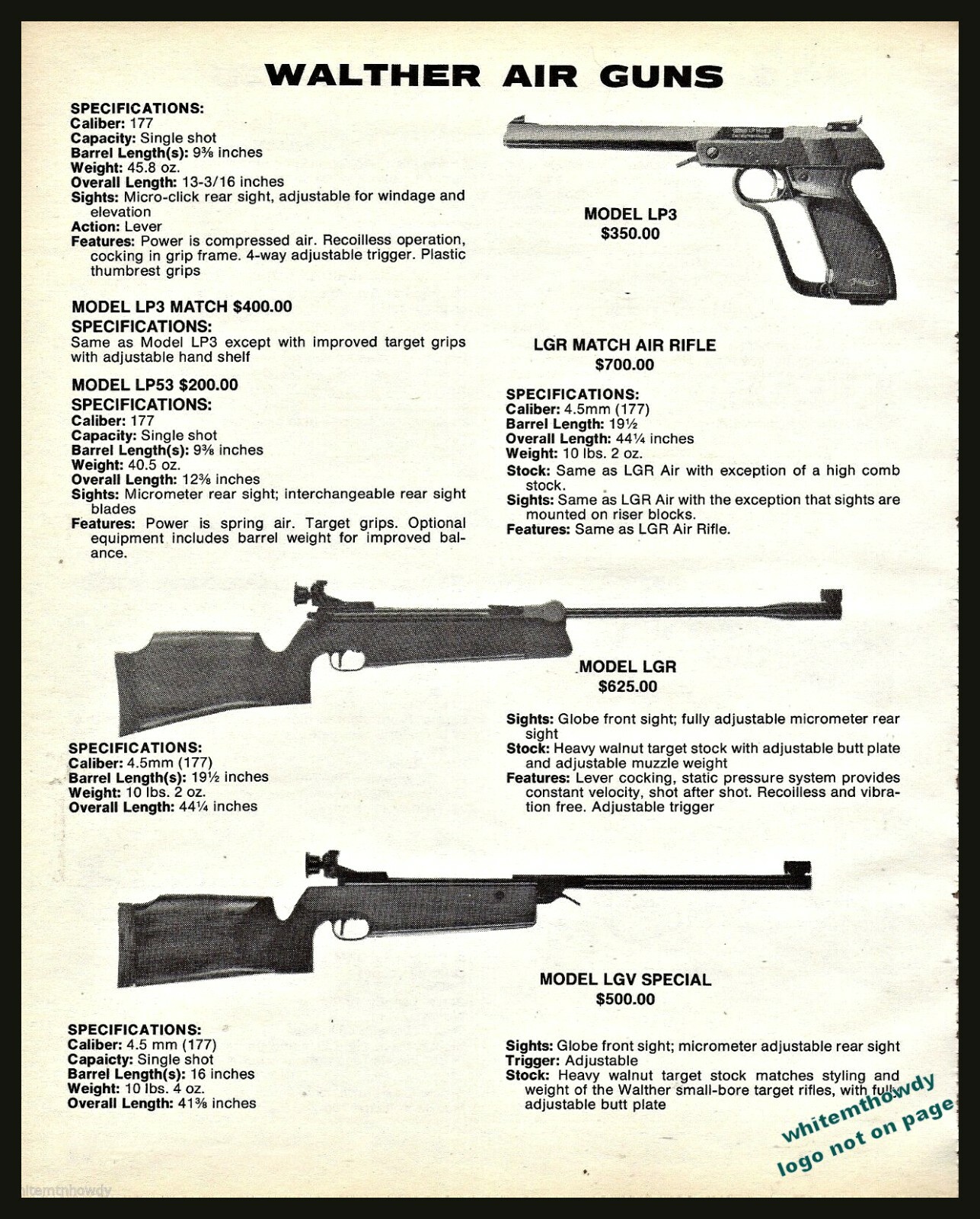 1982 WALTHER Model LP3 Pistol , LGR , LGV Special Rifle Air Gun PRINT ...