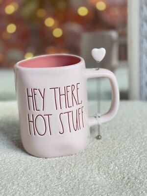RAE DUNN HEY THERE, HOT STUFF Valentines Day Mug, pink w/ pink heart ...
