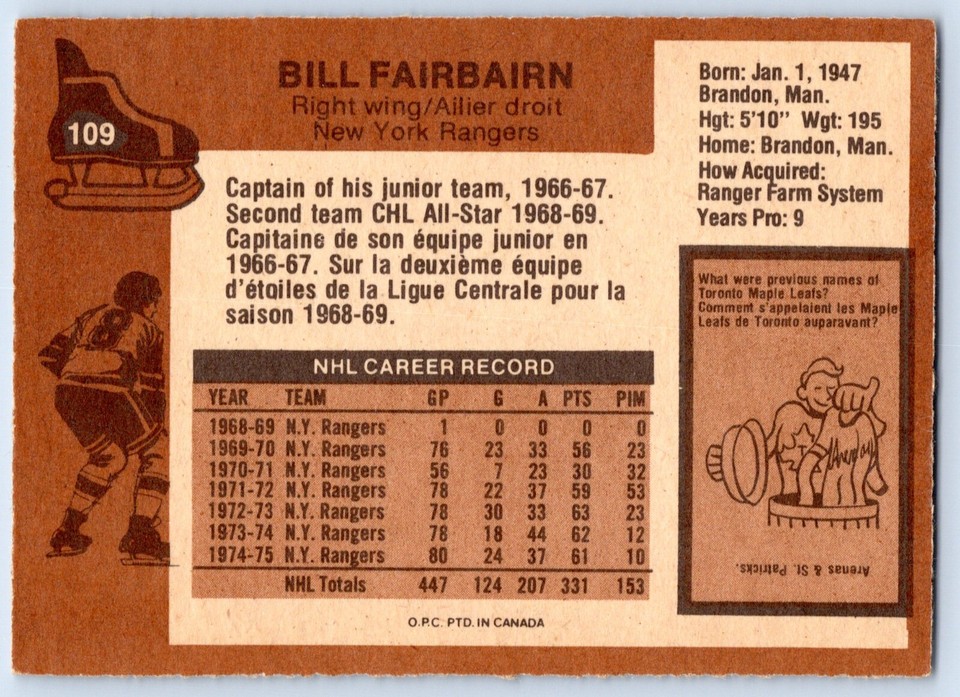 BILL FAIRBAIRN 1975-76 O-PEE-CHEE 75-76 NO 109 NRMINT+ 52905 | eBay
