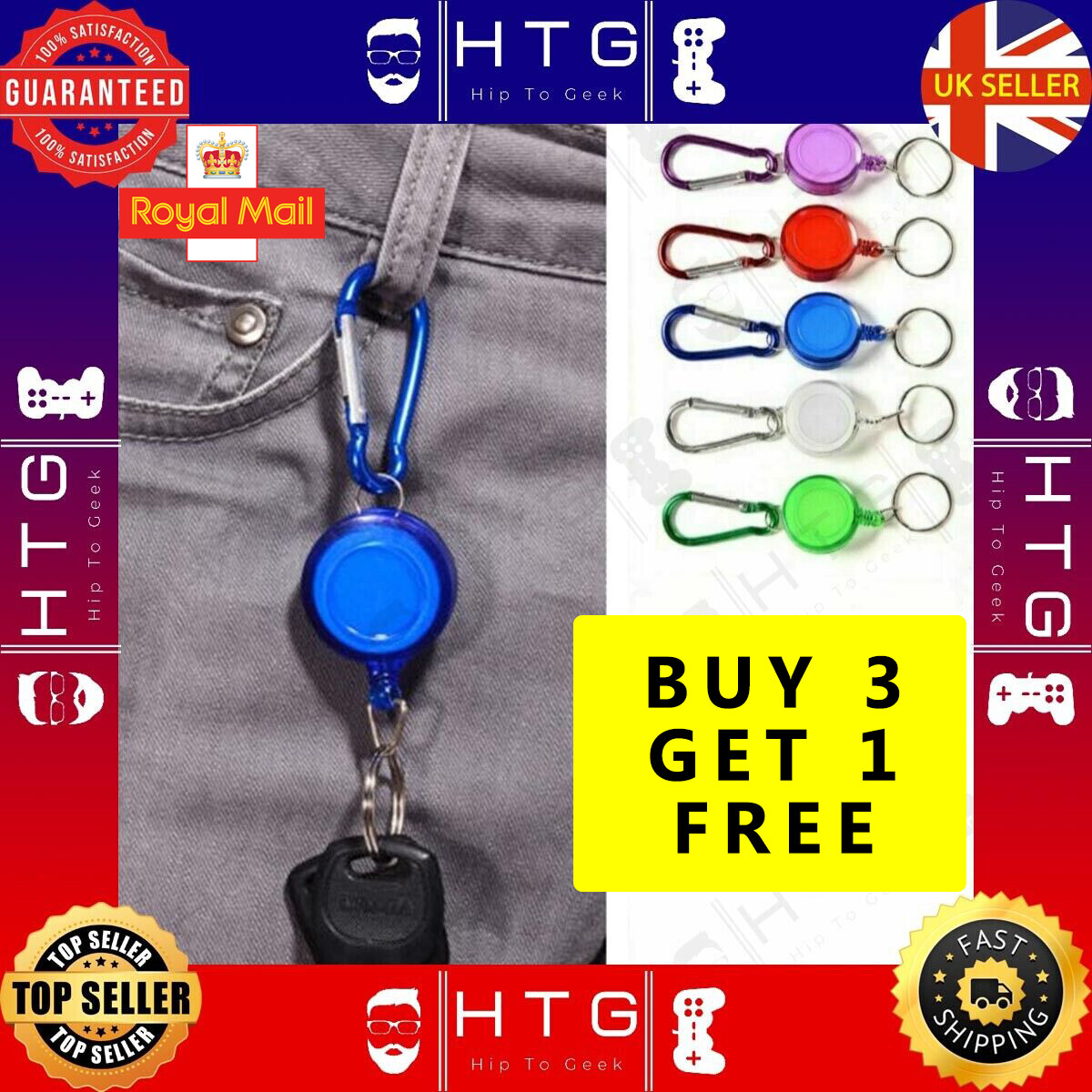 ID Card Holder Badge Retractable Key Chain Safety Coil Carabiner ...