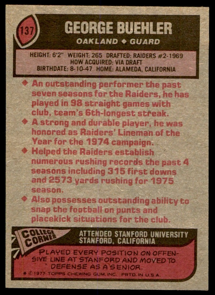 1977 Topps George Buehler Oakland Raiders #137 | eBay