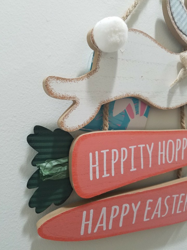 Hippity Hoppity Happy Easter Bunny with Carrot Hanging Wall Decor 11" x ...