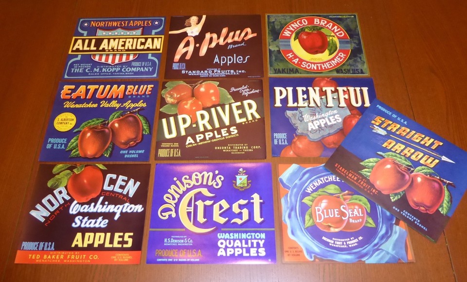 50 OLD FRUIT BOX APPLE CRATE LABELS VINTAGE LOT ADVERTISING NOS 1930S ...