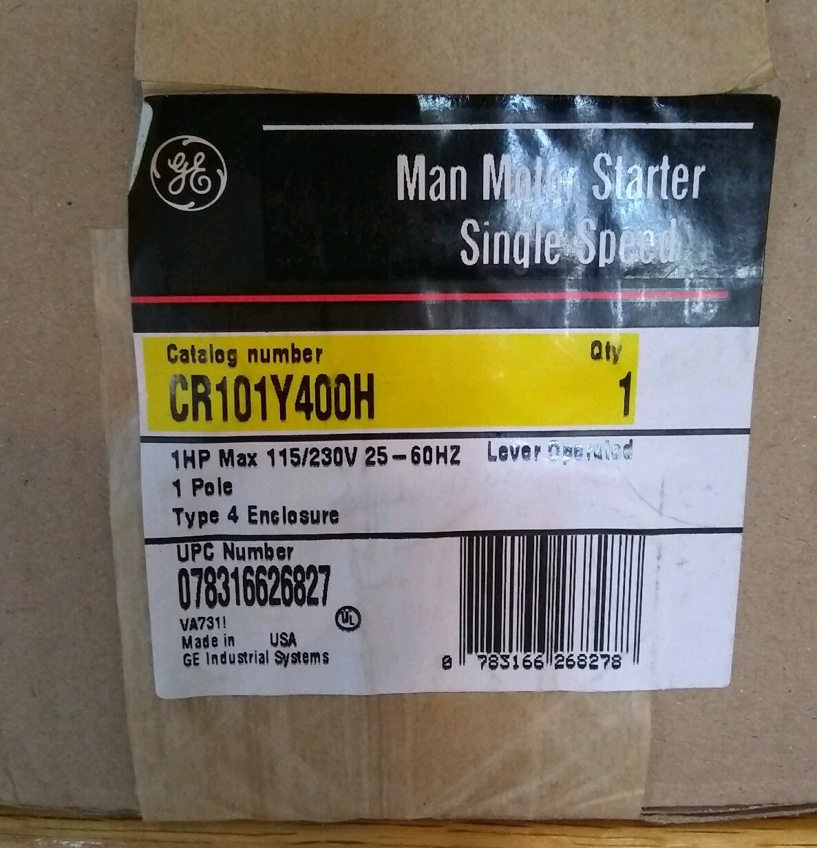 GE Single Speed Manual Motor Starter CR101Y400H 1 Pole Type 4 Enclosure ...