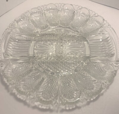 Sale Vintage LE Smith Cut Glass Deviled Egg Plate Platter 11" Pineapple ...