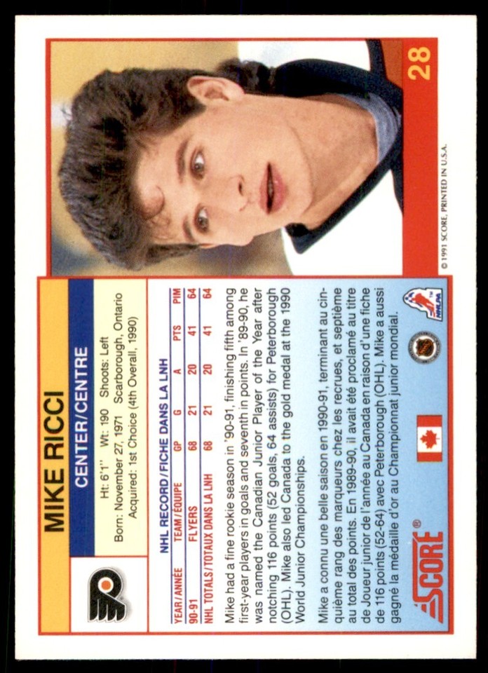 1991-92 Score Canadian Bilingual Mike Ricci Philadelphia Flyers #28 LP ...