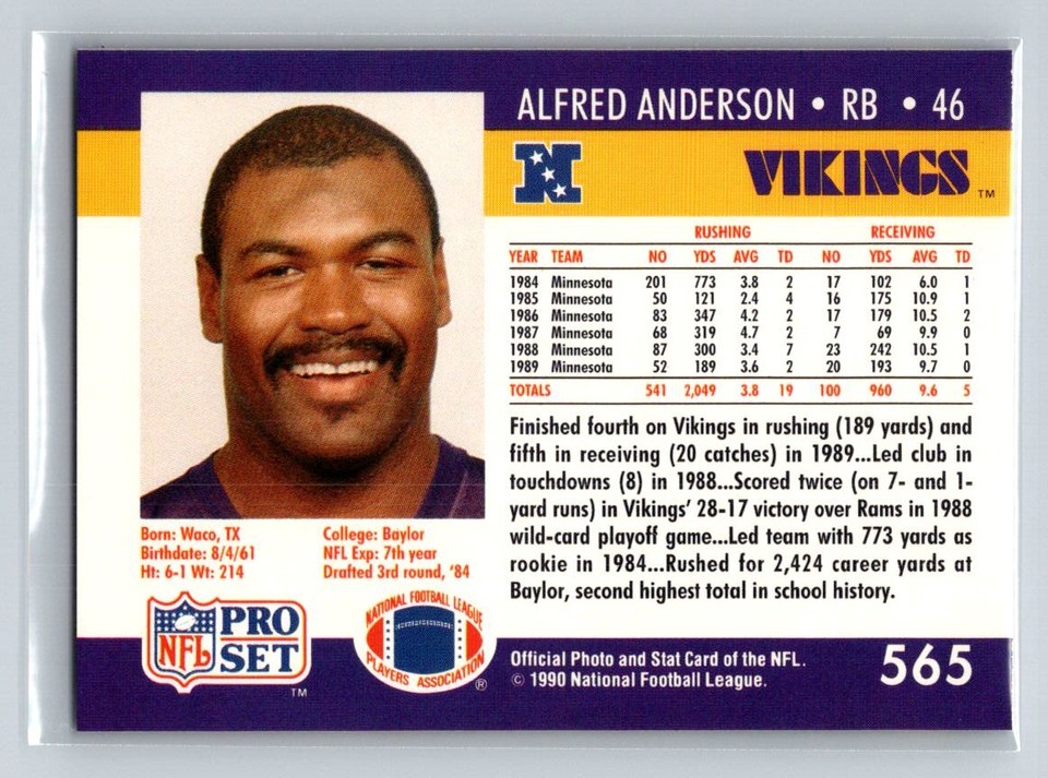 1990 Pro Set #565 Alfred Anderson Minnesota Vikings Football Card | eBay