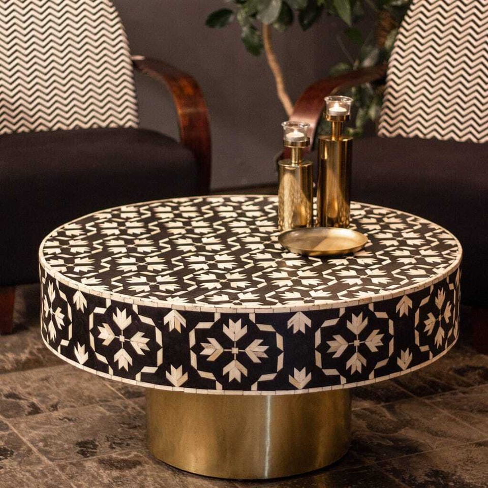 Round Coffee Table, Round Bone Inlay Centre Table Bone Inlay Cocktail ...