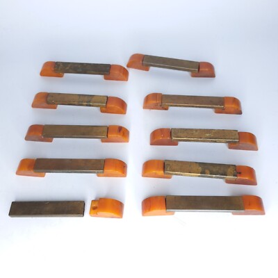 9 Antique ART DECO Butterscotch Bakelite Brass Plated Bar Drawer Pulls ...