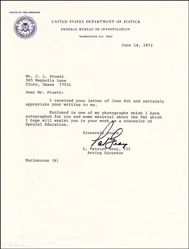 L. PATRICK GRAY III - TYPED LETTER SIGNED 06/14/1972 | eBay