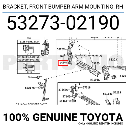 5327302190 Genuine Toyota BRACKET, FRONT BUMPER ARM MOUNTING, RH 53273 ...