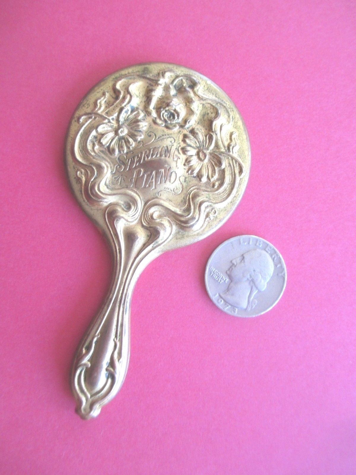 ANTIQUE miniature advertising POCKET MIRROR vanity hand mirror STERLING ...