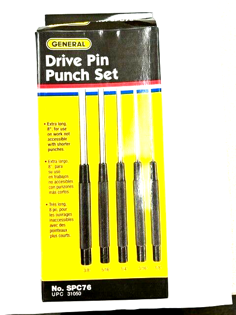 GENERAL TOOLS 5 PIECE 8" LONG DRIVE PIN PUNCH SET 3/8 5/16 1/4 3/16 1/8 ...