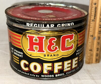 ANTIQUE H&C COFFEE TIN LITHO 1LB KEYWIND CAN WOOD BROS ROANOKE VA ...