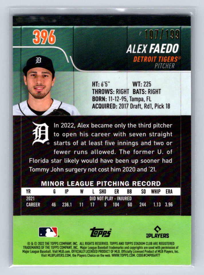 2022 Stadium Club Chrome #396 Alex Faedo (RC) -Blue Refractor 107/199 ...