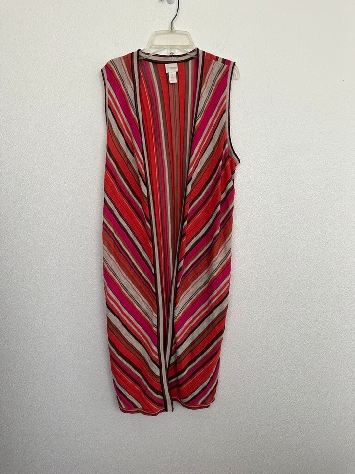 Chico's Women's Mitered Stripe Pattern Vest Long Line Open Front Pink Sz Medium | eBay