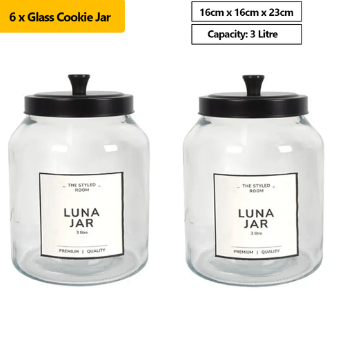 6 x Large 3L Glass Jars Airtight Kitchen Pantry Cookie Storage ...