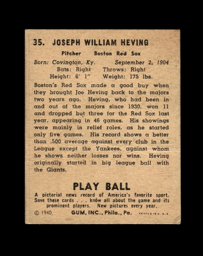 1940 Play Ball Set-Break # 35 Joe Heving LOW GRADE (crease) *GMCARDS ...