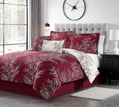 Burgundy Red White Nature Trees Branches 6 pc Comforter Set Queen King ...