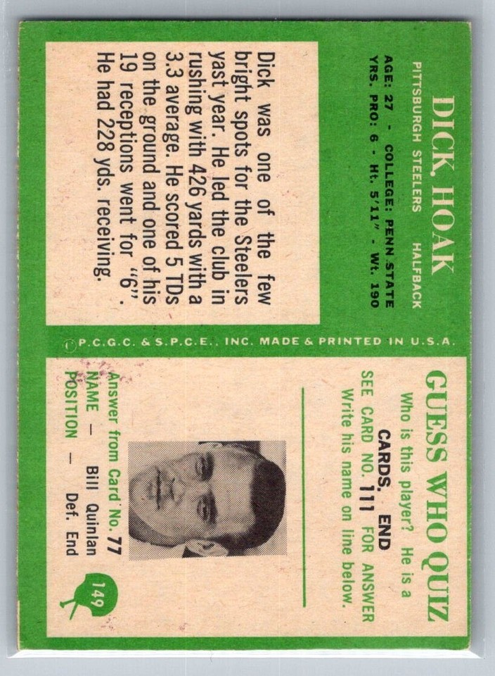 Dick Hoak #149 Philadelphia 1966 Football Card (Pittsburgh Steelers) | eBay