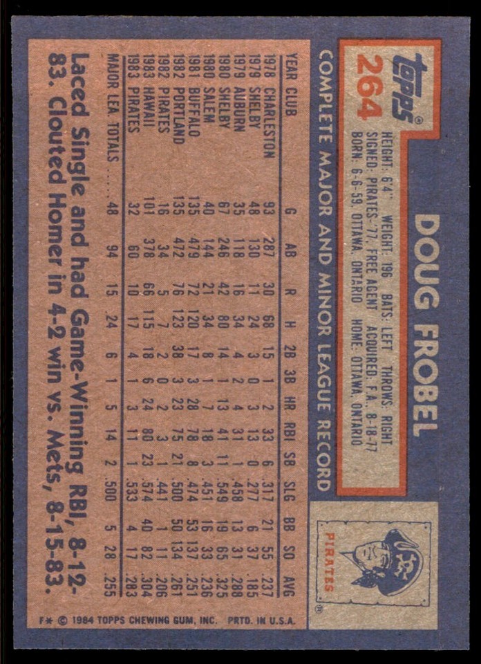 1984 Topps. Doug Frobel Rookie . Pittsburgh Pirates #264 | eBay