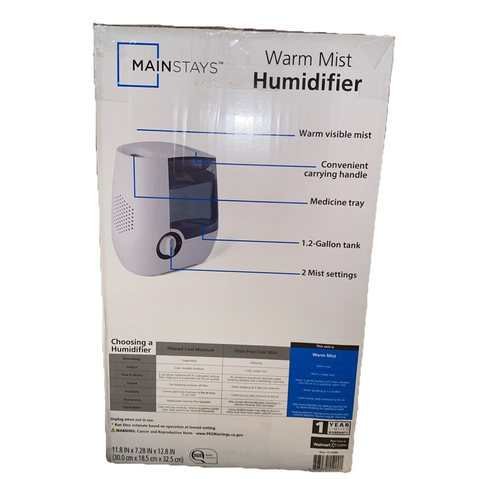 Mainstays Warm Mist Filter Free Humidifier 1.2 Gallon Tank. New ...