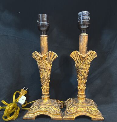 Pair Vintage Table Lamps Antique Gold Resin Base Lamp 1970’s Decor 13 ...