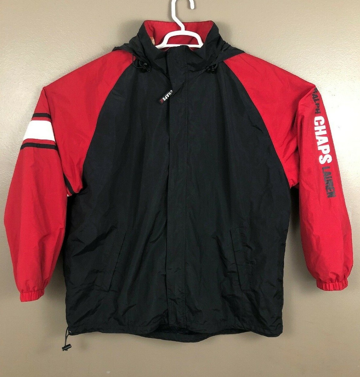 Mens Red and Black Ralph Lauren Chaps Hood Windbreaker Jacket Size XL ...