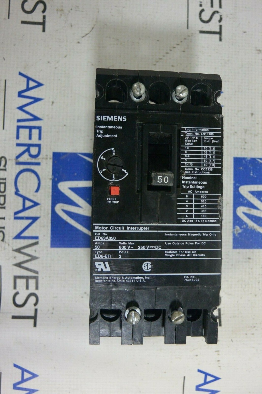SIEMENS ED63A050 3P 600V 50 AMP MOTOR CIRCUIT INTERRUPTER - RECON | eBay