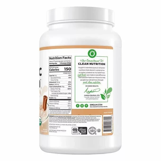Orgain USDA Organic Plant Protein Powder Creamy Horchata 2.74 Lb for ...