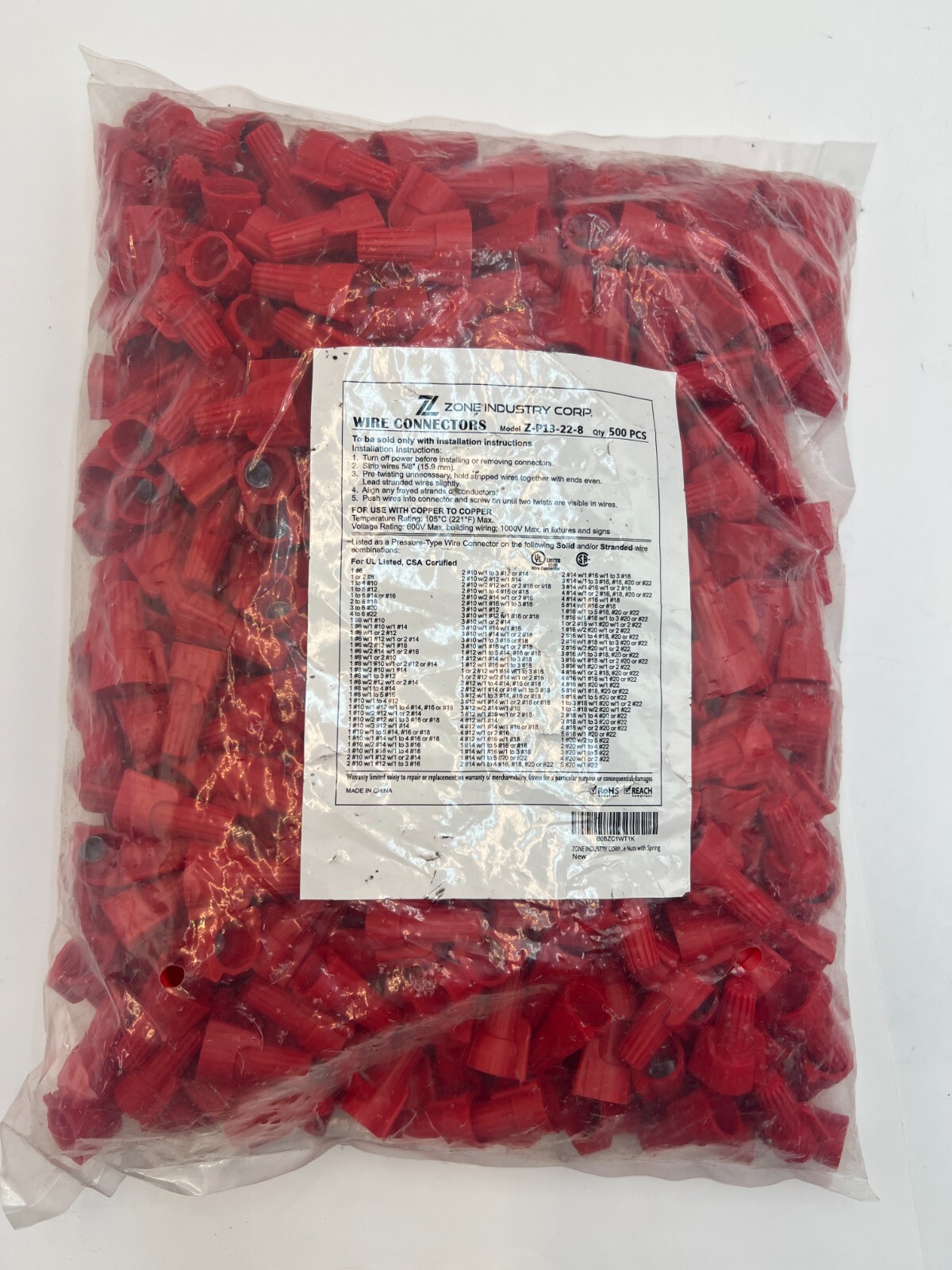 Pack of 500-Zone Industry Corp. Wire Connector Z-P13-22-8 Red | eBay