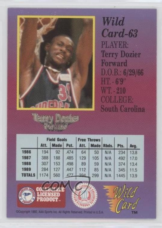 1992 Wild Card Collegiate 50 Stripe Terry Dozier #63 | eBay